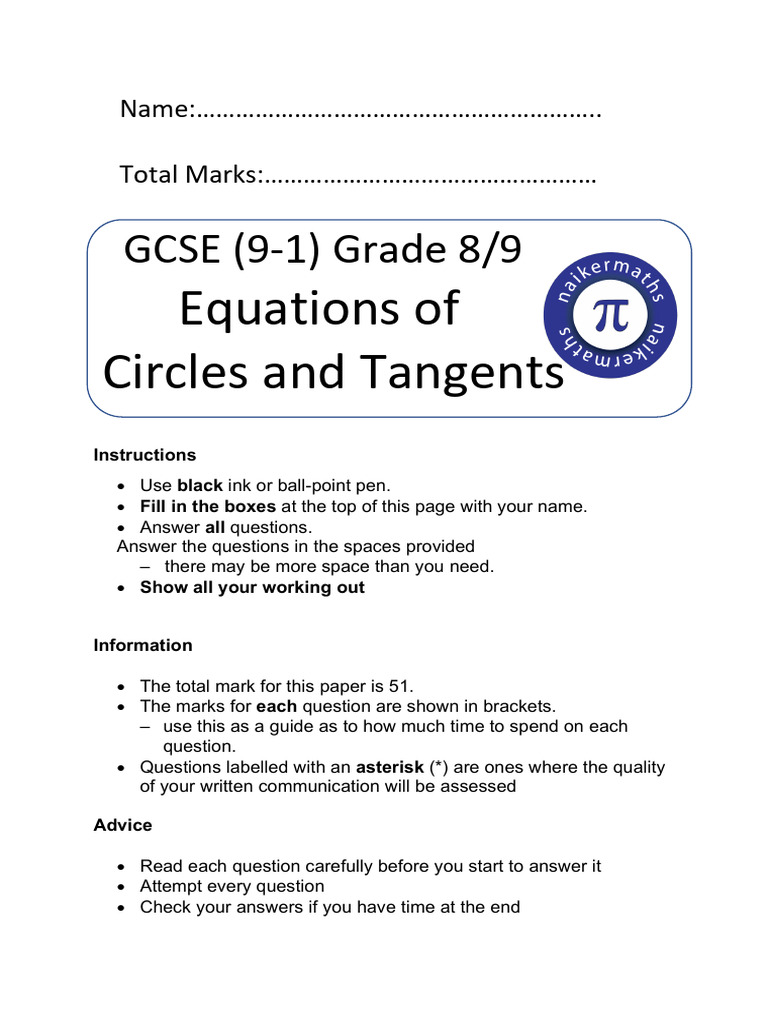 GCSE Circle Equations Test | PDF | Circle | Tangent
