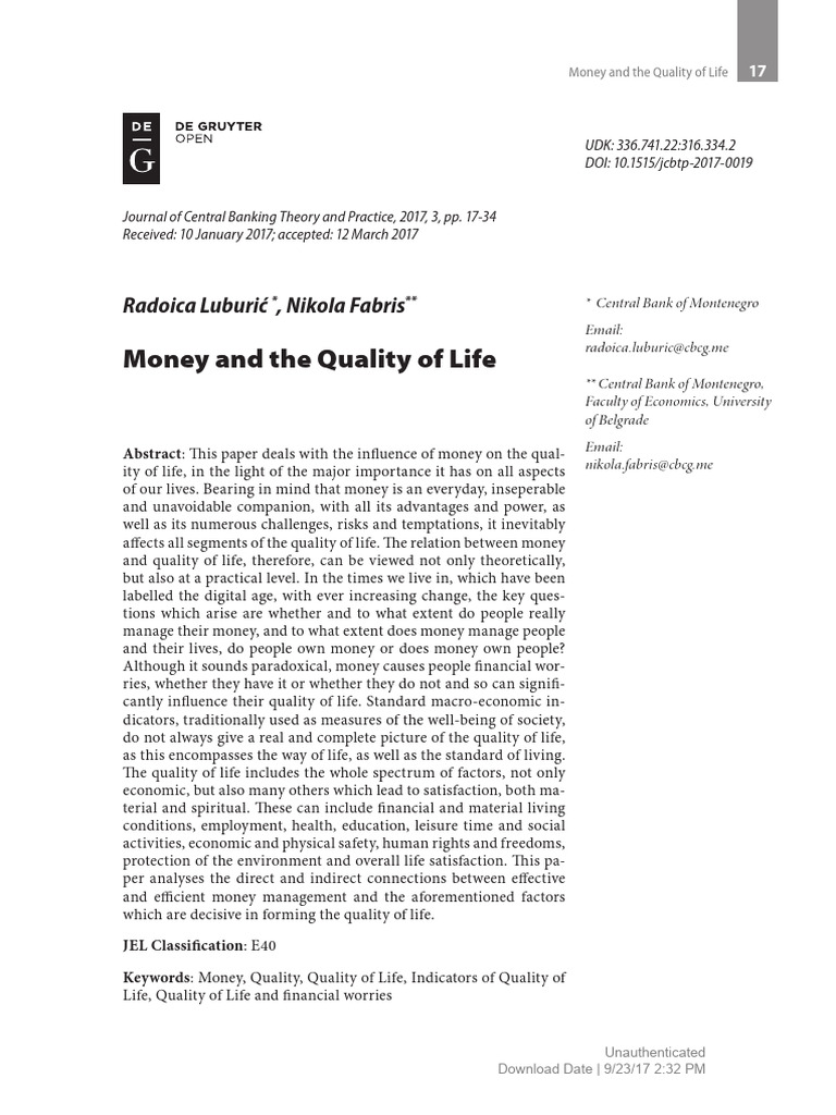 Money and The Quality of Life | PDF | Quality Of Life | Mind