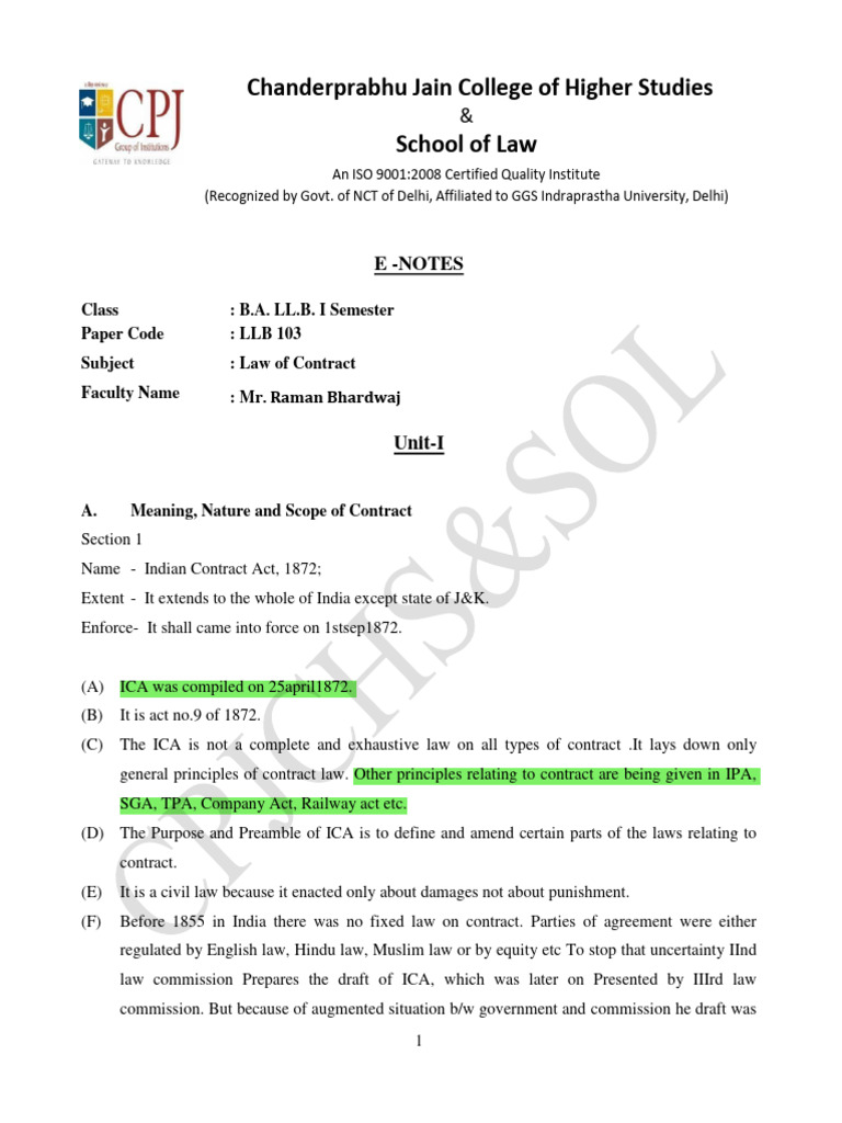 E Notes Unit 1 Law Of Contract Llb 103 Ballb I Sem Pdf Offer