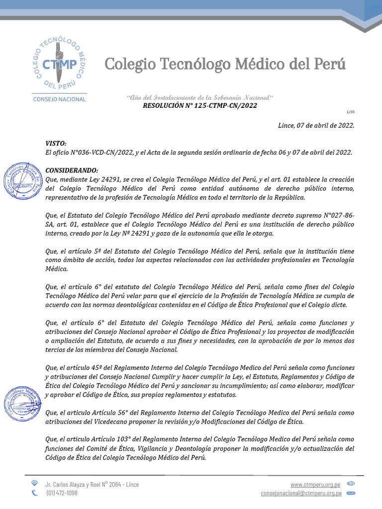 N° 125 CTMP CN 2022 Aprobacion Codigo de Etica Del Colegio Tecnologo Medico Del Peru | PDF ...