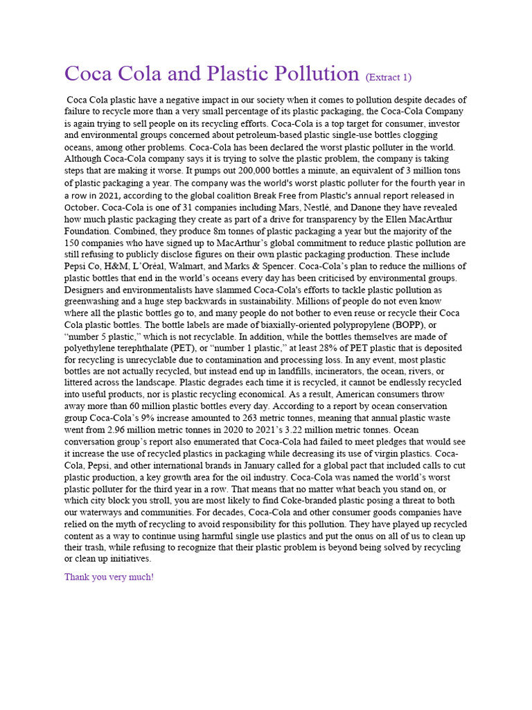 Coca Cola and Plastic Pollution | PDF | Recycling | Plastic