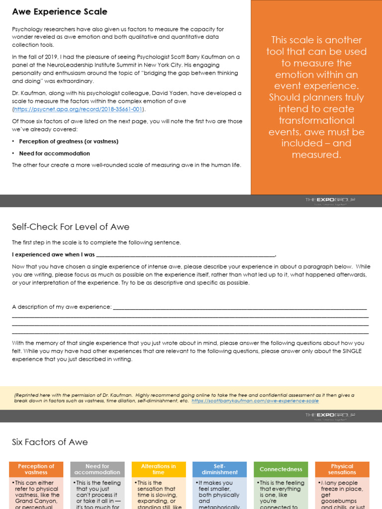 Tool 4 Awe Experience Scale Worksheet - TEG | PDF | Experience | Emotions