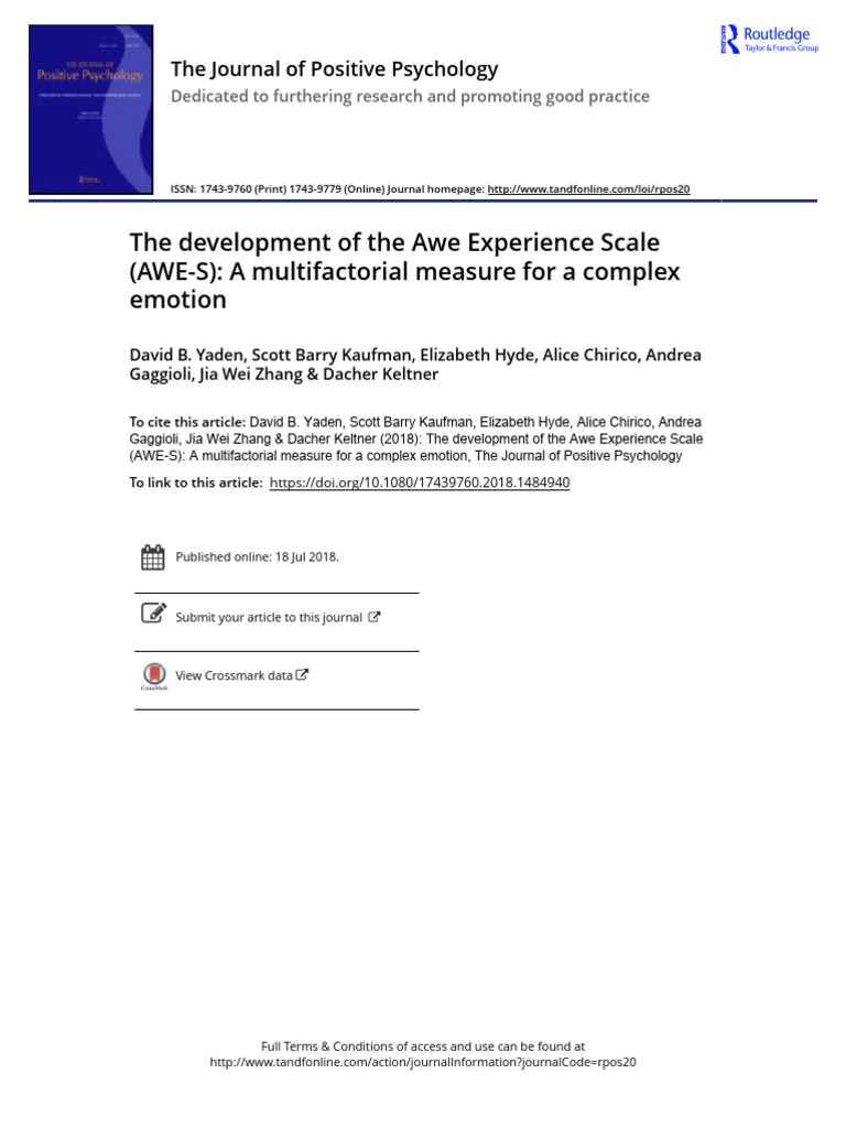 The Development of The Awe Experience Scale AWE S A Multifactorial Measure For A Complex Emotion ...