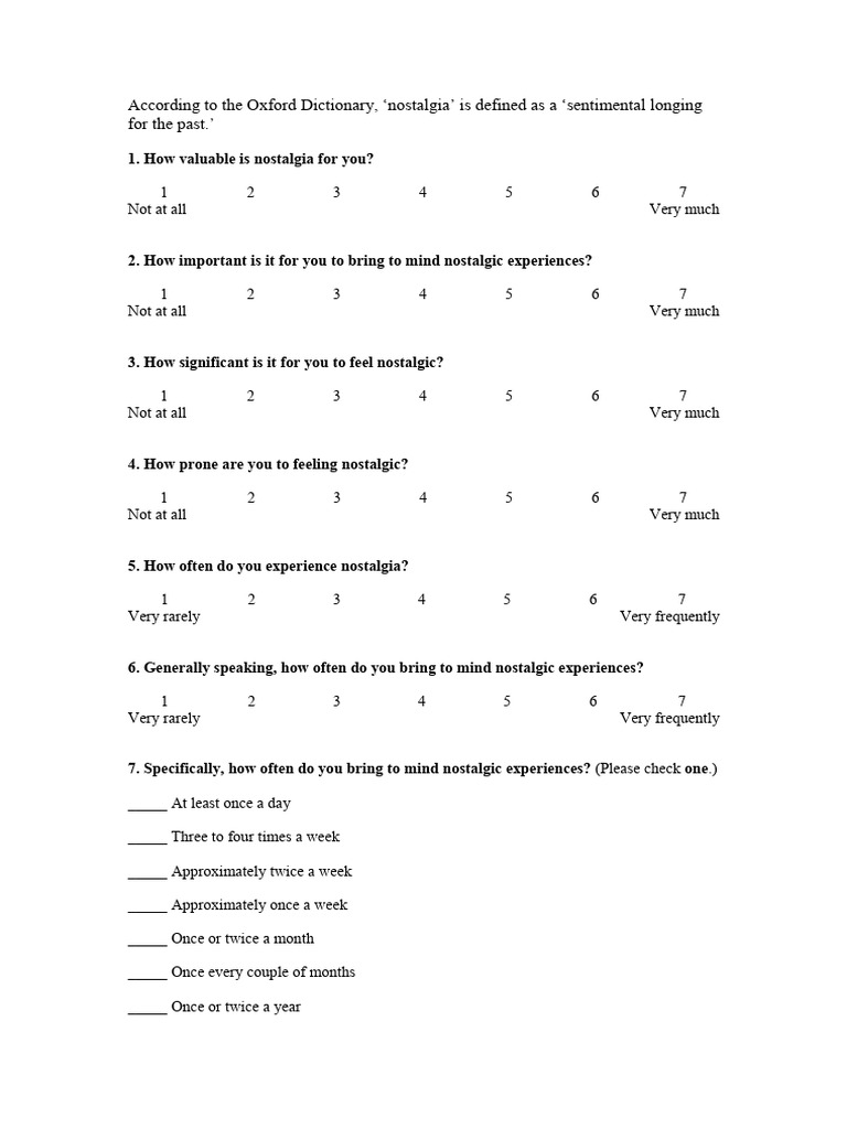 Southampton Nostalgia Scale Survey | PDF | Language Arts & Discipline ...