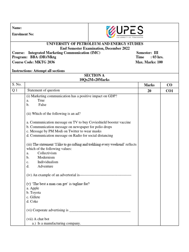 IMC Question Paper - Dec 2022 Exam | PDF | Business