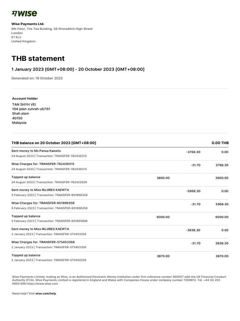 Wise Statement - 32192831 - THB - 2023-01-01 - 2023-10-20 | PDF | Payments | Financial Technology