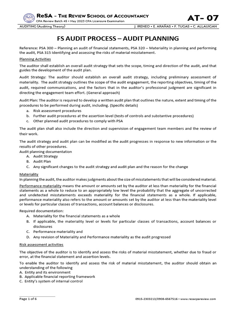 07 FS Audit Process - Audit Planning | PDF | Audit | Internal Control