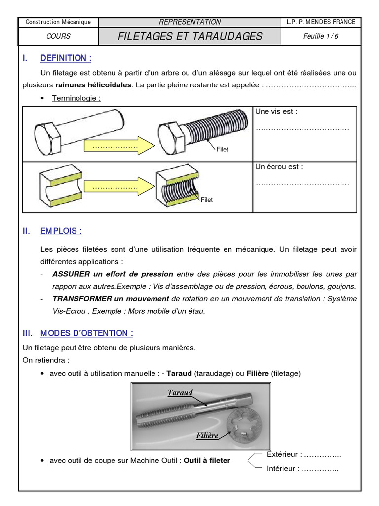 COURS Filetages Taraudages e | PDF | Vis de fixation | Écrou