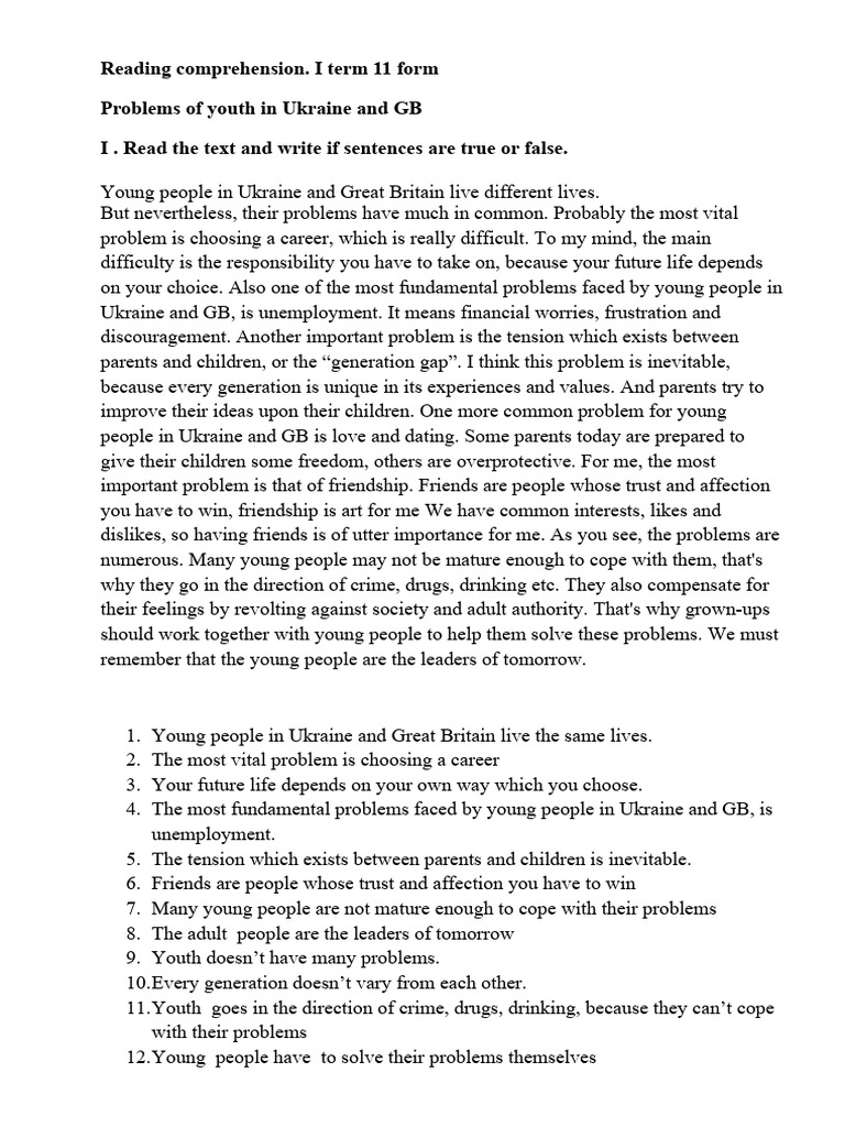 Reading Comprehension. I Term 11 Form Problems of Youth in Ukraine and GB I - Read The Text and ...