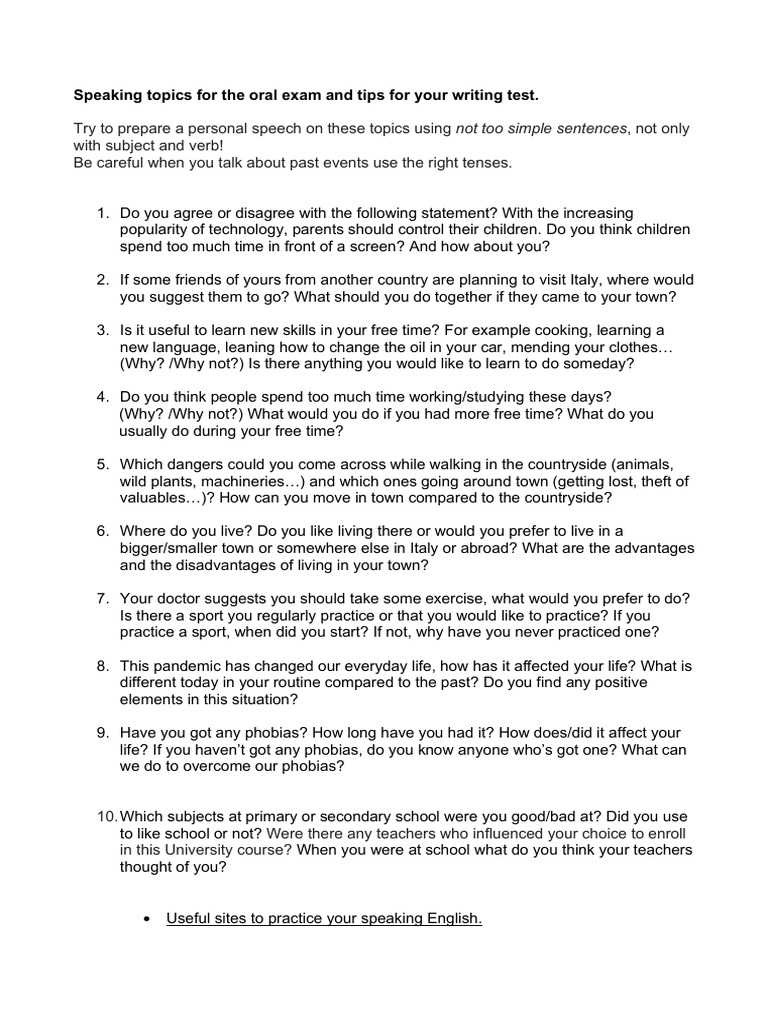 1 - Speaking Topics For The Oral Exam | PDF | English Language | Cognitive Science