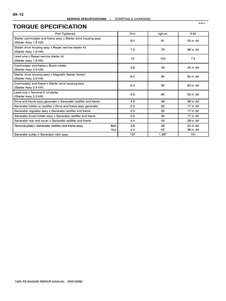 Torque Specification: Service Specifications | PDF | Electric Generator ...