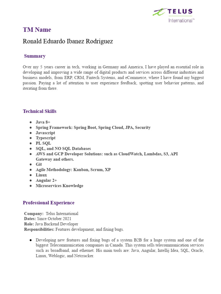 Ronald Ibanez - CV Telus - Template | PDF | Cloud Computing | Spring ...