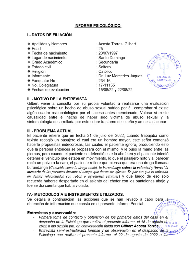 Informe Psicolã - Gico Adultos | PDF | Ansiedad | Pesadilla