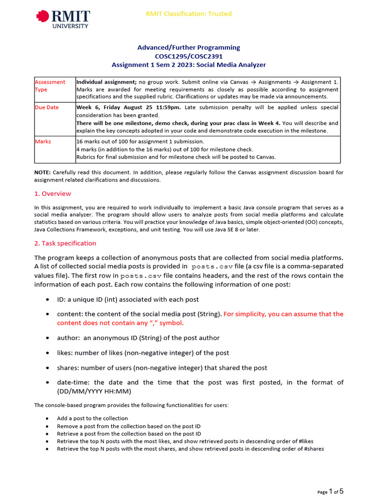 COSC1295-2391 Assignment 1 S2 2023-2 | PDF | Class (Computer Programming) | Computer Program