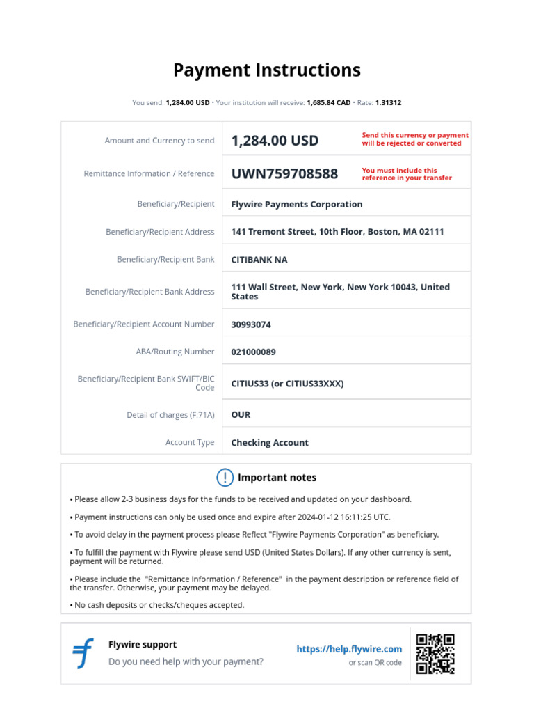 Flywire Payment Instructions for Tuition | PDF | Cheque | Payments