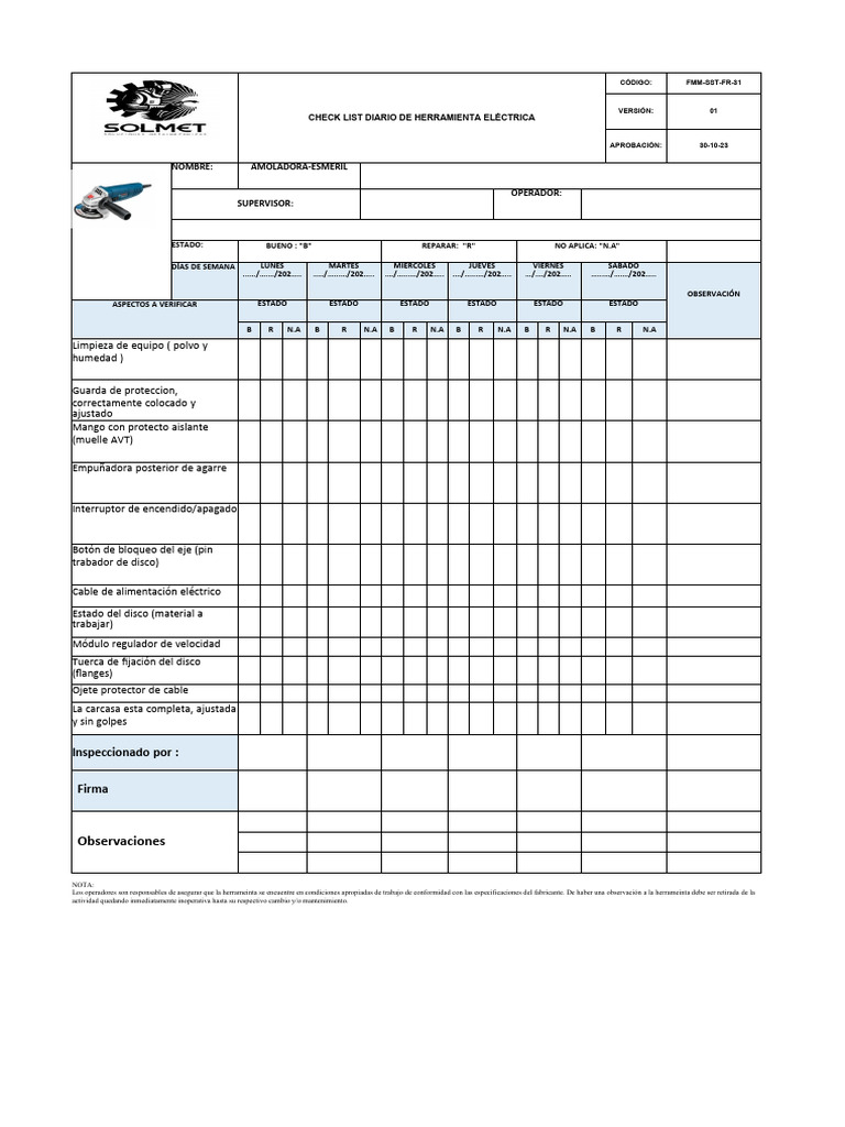 Formato de Check List Pre Uso de Amoladora Esmeril Solmet | PDF ...