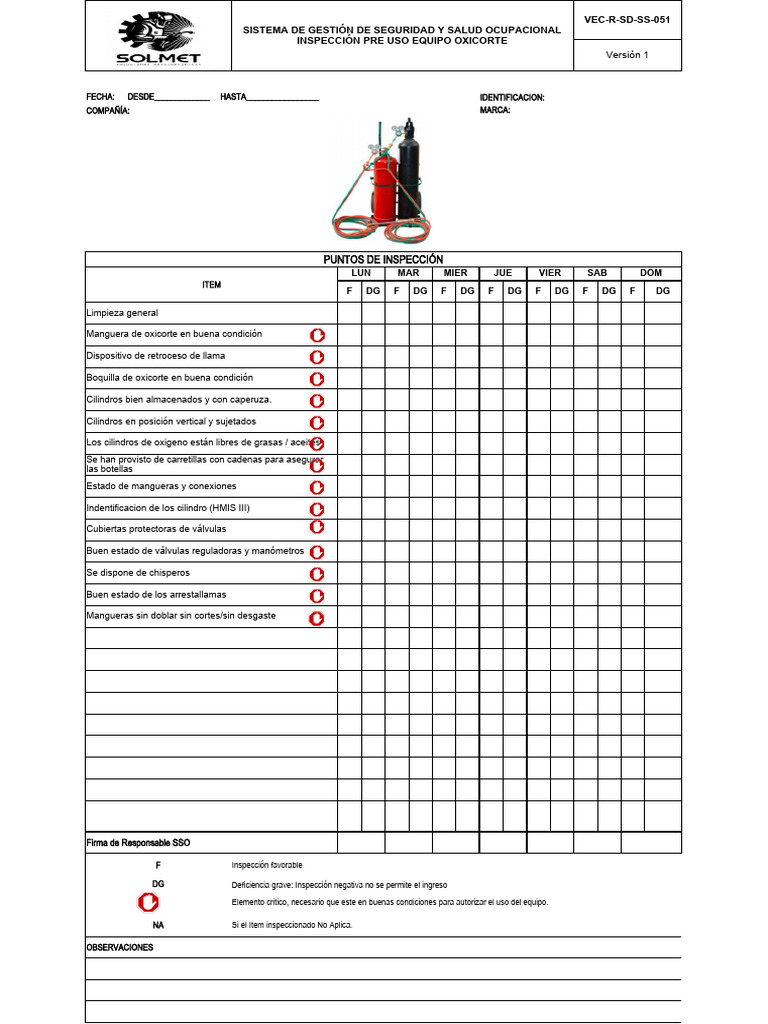 Formato de Inspeccion Pre Uso Equipo Oxicorte Solmet | PDF