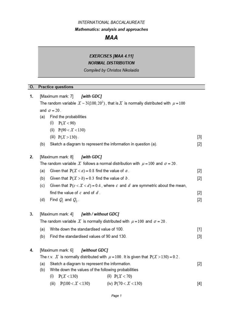 IB Mathematics: Normal Distribution Exercises | PDF | Normal Distribution | Standard Deviation