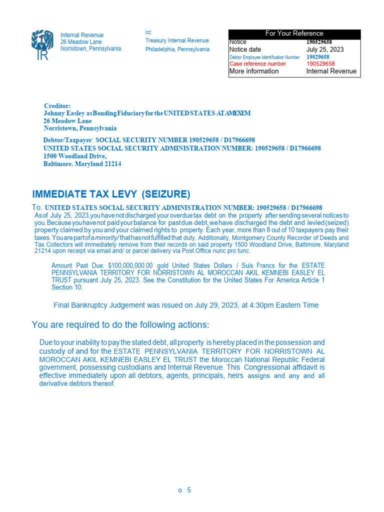 Levy $100 - 000 - 000 United States Social Security Administration ...