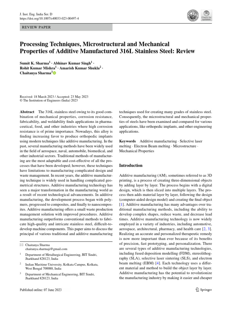 Processing Techniques, Microstructural and Mechanical Properties of Additive Manufactured 316L ...