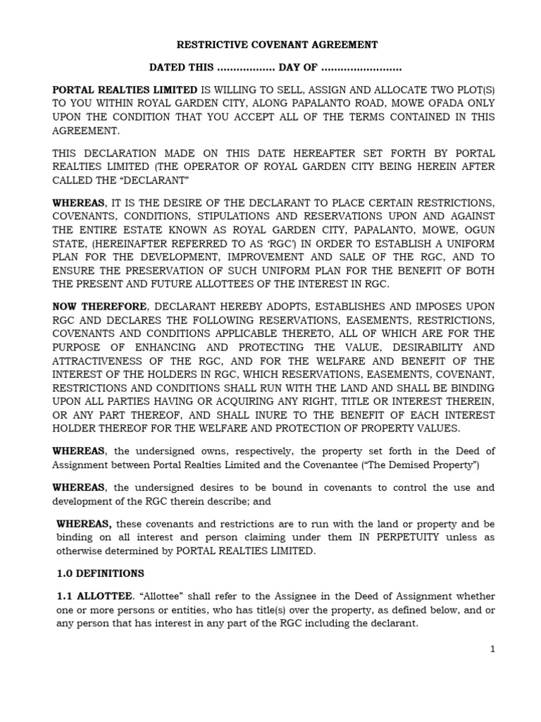 Restrictive Covenant Agreement | PDF | Covenant (Law) | Real Property