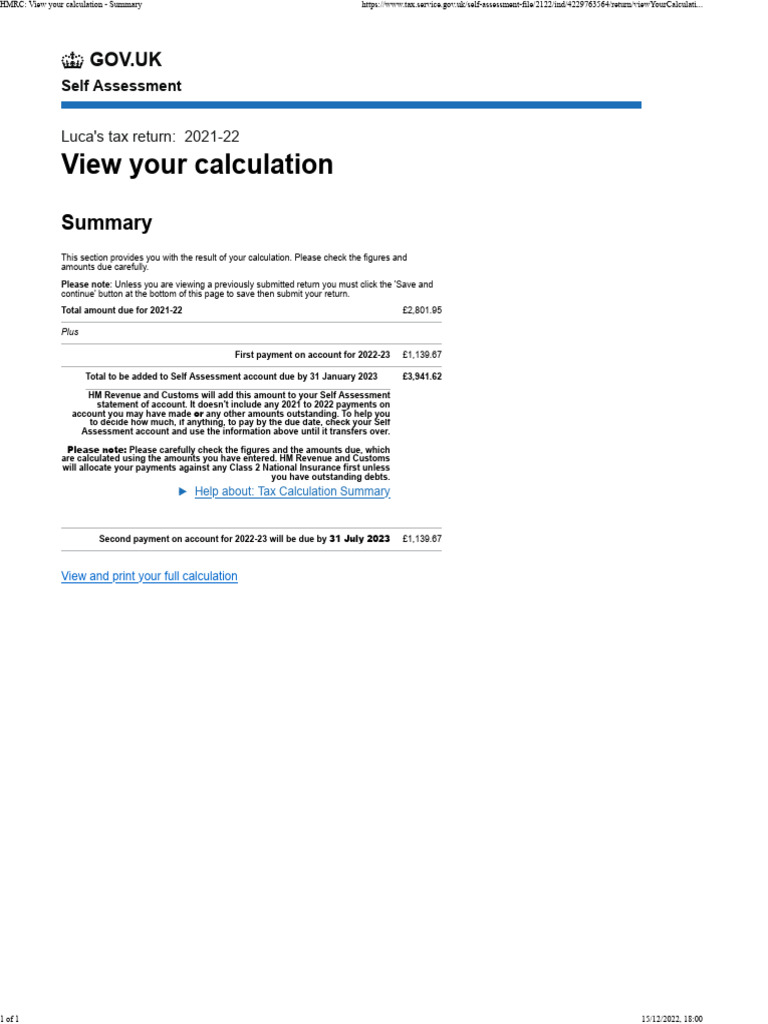HMRC View Your Calculation - Summary | PDF | Finance & Money Management