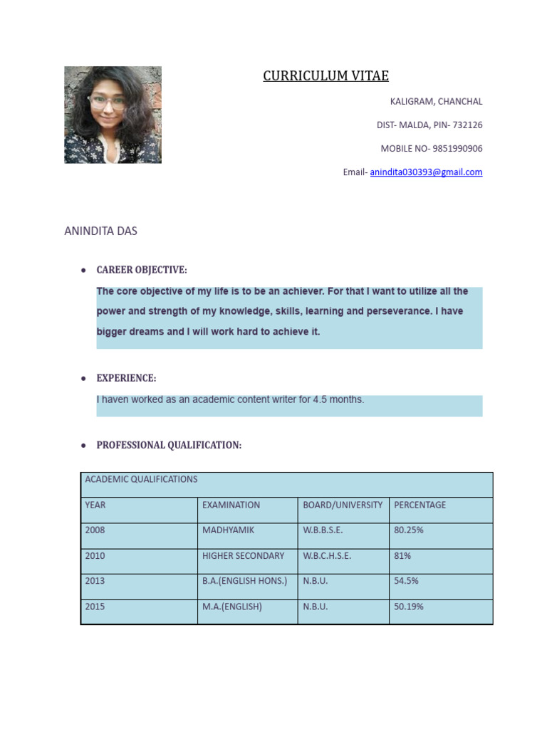 Anindita CV | PDF | Learning | Cognition