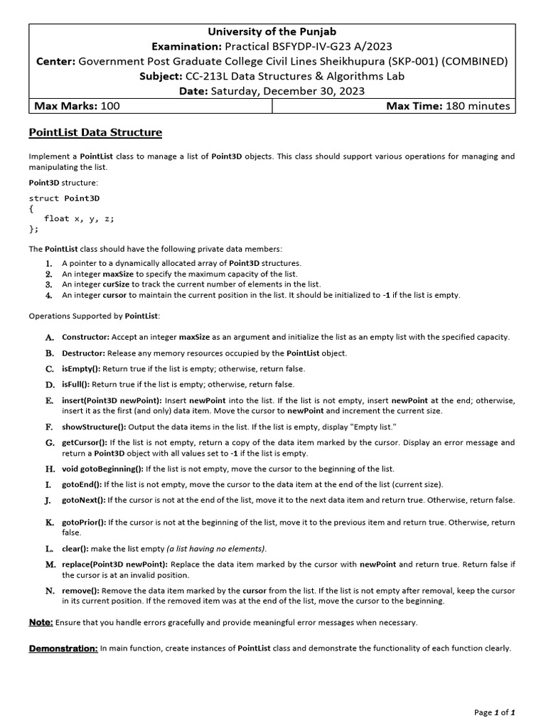 CC-213L Data Structures and Algorithm Lab 30-December-2023 | PDF | Pointer (Computer Programming ...