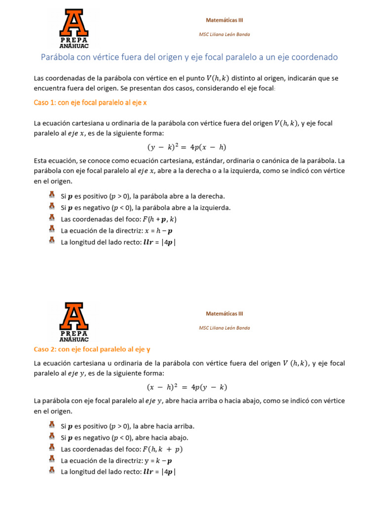 Parábola Con Vértice Fuera Del Origen y Eje Focal Paralelo A Un Eje ...
