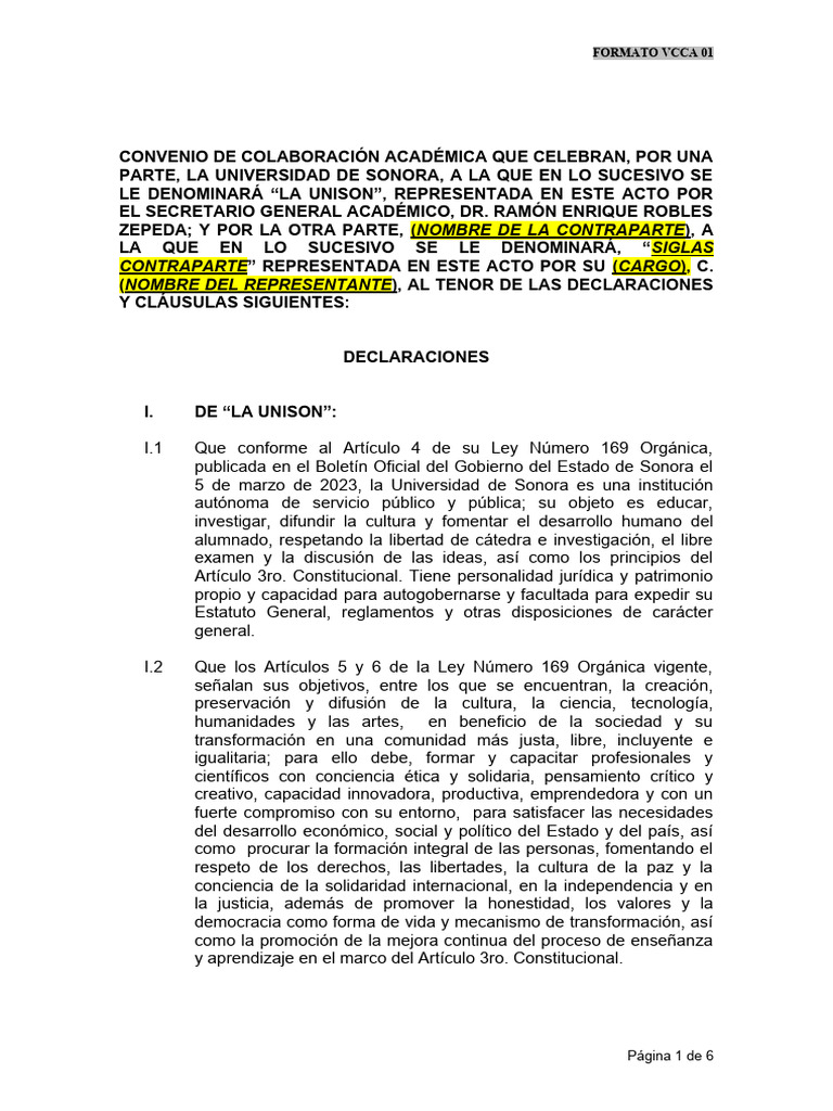 Convenios 2023 Formato Vcca 01 Colaboracion Académica Pdf