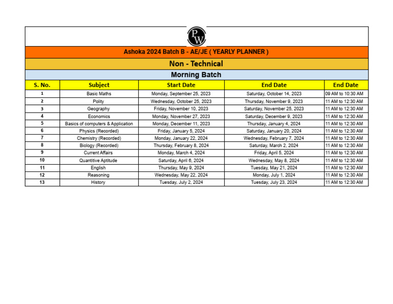 Ashoka 2024 Batch B - AE - JE Mechanical - Yearly Planner (Non Technical) | PDF