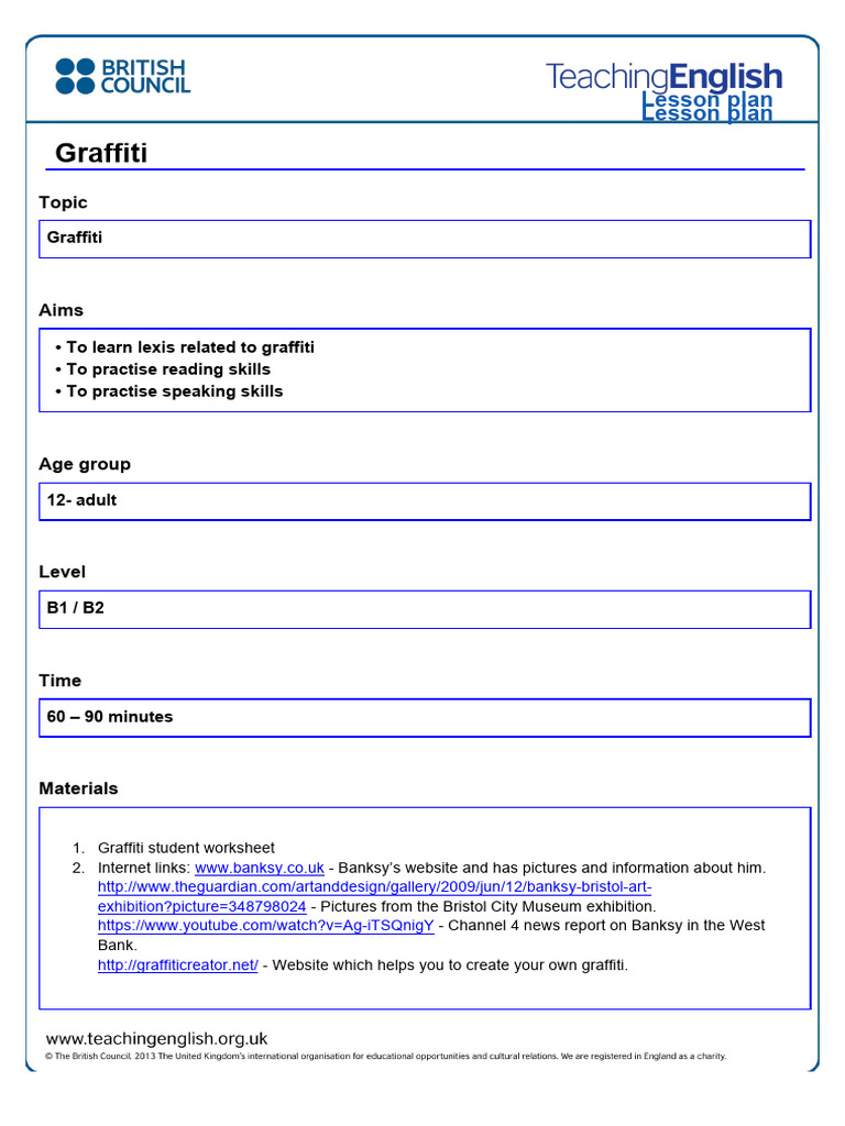 Graffiti Lesson Plan for B1/B2 Students | PDF | Graffiti | Lesson Plan