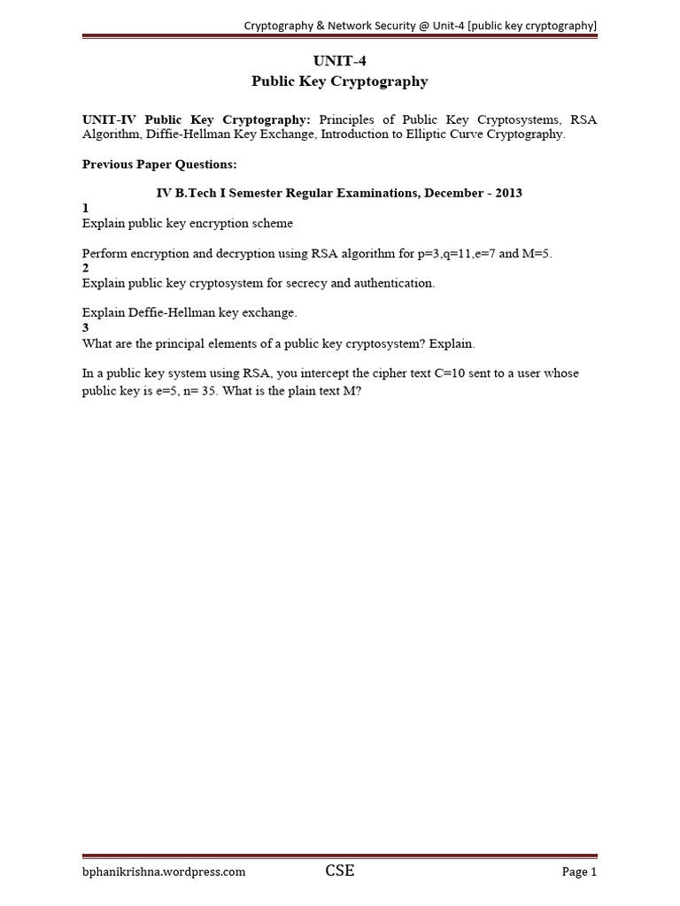 Unit 4 Note For IV Cse | PDF | Cryptography | Public Key Cryptography Unit 4 Note For IV Cse | PDF | Cryptography | Public Key Cryptography