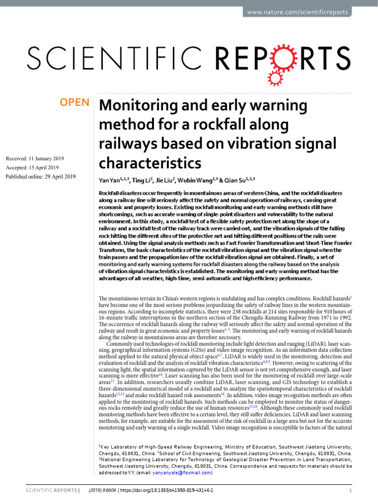 Monitoring and Early Warning Method For A Rockfall Along Railways Based On Vibration Signal ...