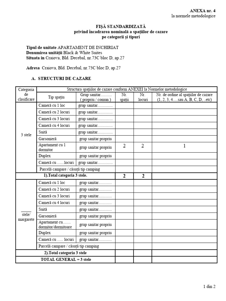 Anexa NR 4 Fisa Standardizata Cazare Formular Tip | PDF