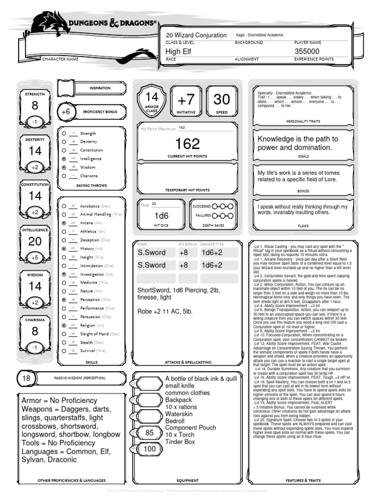 High Elf - Conjuration Wizard 20 | PDF | Dungeons & Dragons | Gary ...