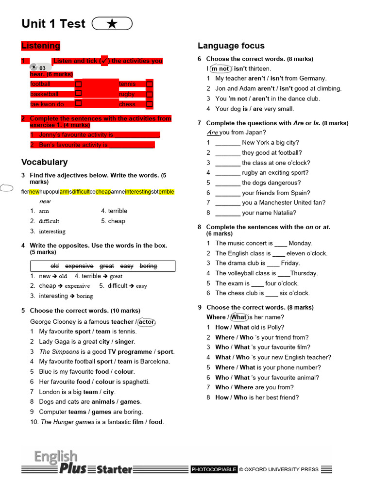 Unit 1 Test: Listening and Language Skills | PDF