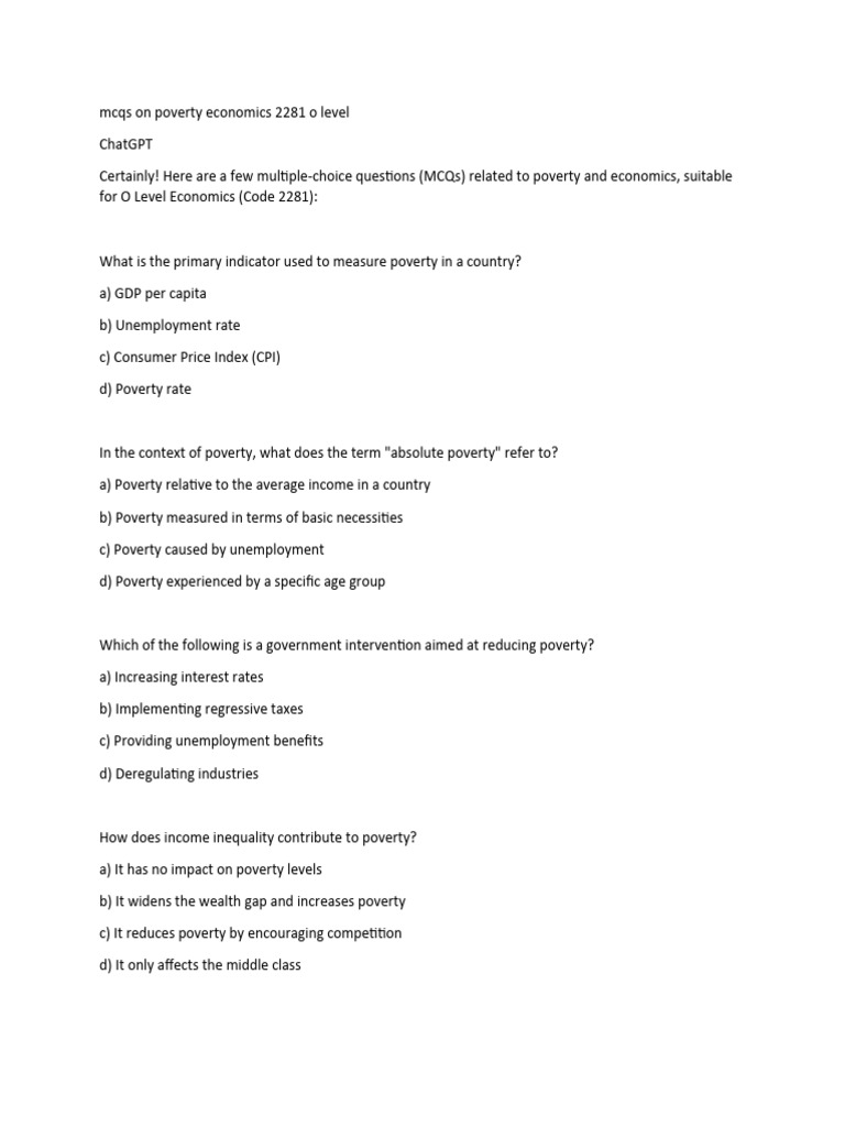 Mcqs On Poverty Economics 2281 o Level | PDF | Poverty | Poverty ...
