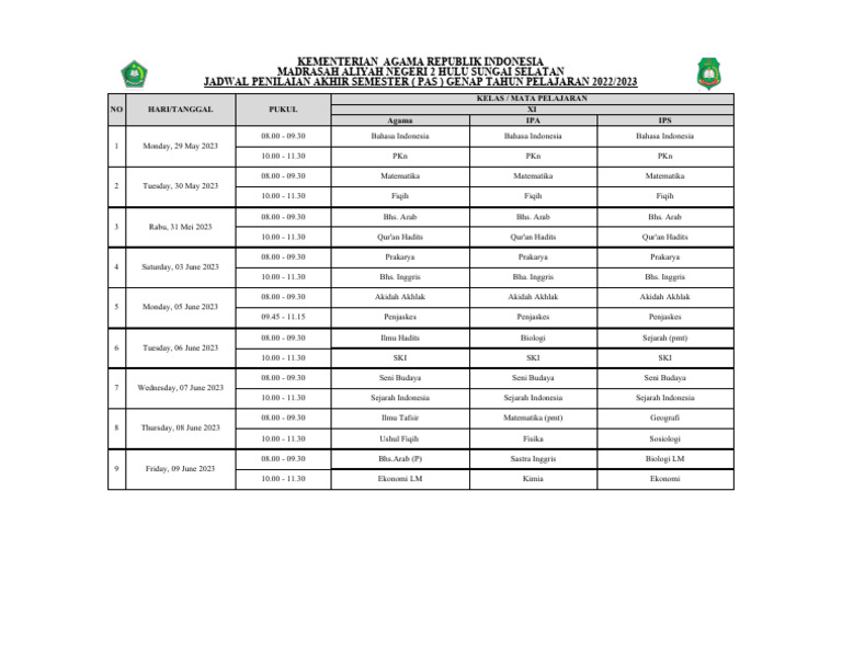 Jadwal Pas Genap 2022-2023 | PDF