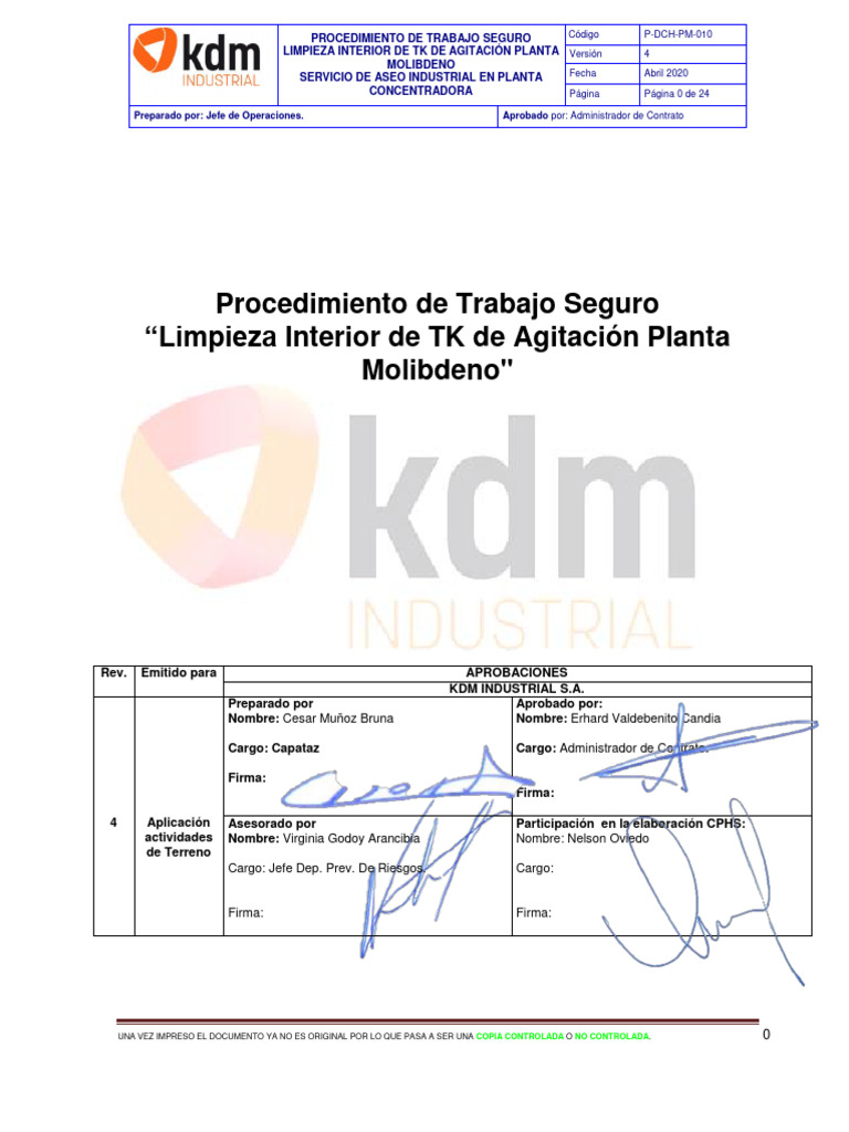 P-DCH-PM-010 Procedimento de Trabajo en Limpieza Interior de TK de Agitacion Pta - Molibdeno ...