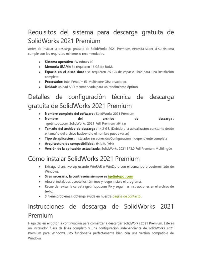 Requisitos Del Sistema para Descarga Gratuita de SolidWorks 2021 ...