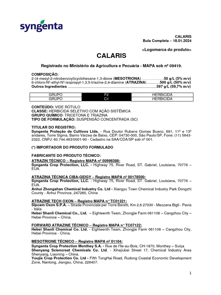 Bula do Herbicida Calaris | PDF | Agricultura | Milho