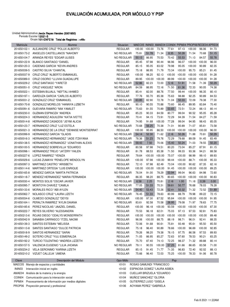 Evaluación Acumulada, Por Módulo Y PSP | PDF