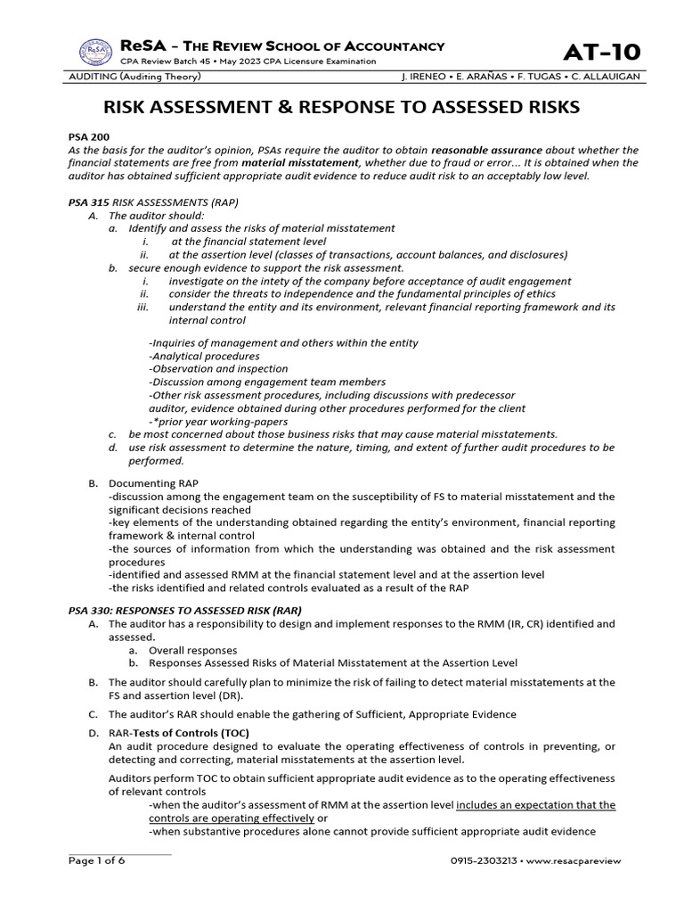 10 Risk Assessment & Response To Assessed Risks | PDF | Audit ...