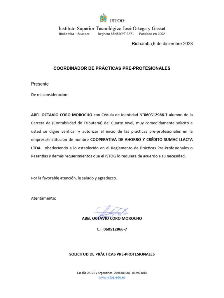 SOLICITUD DE PRÁCTICAS PRE B | PDF