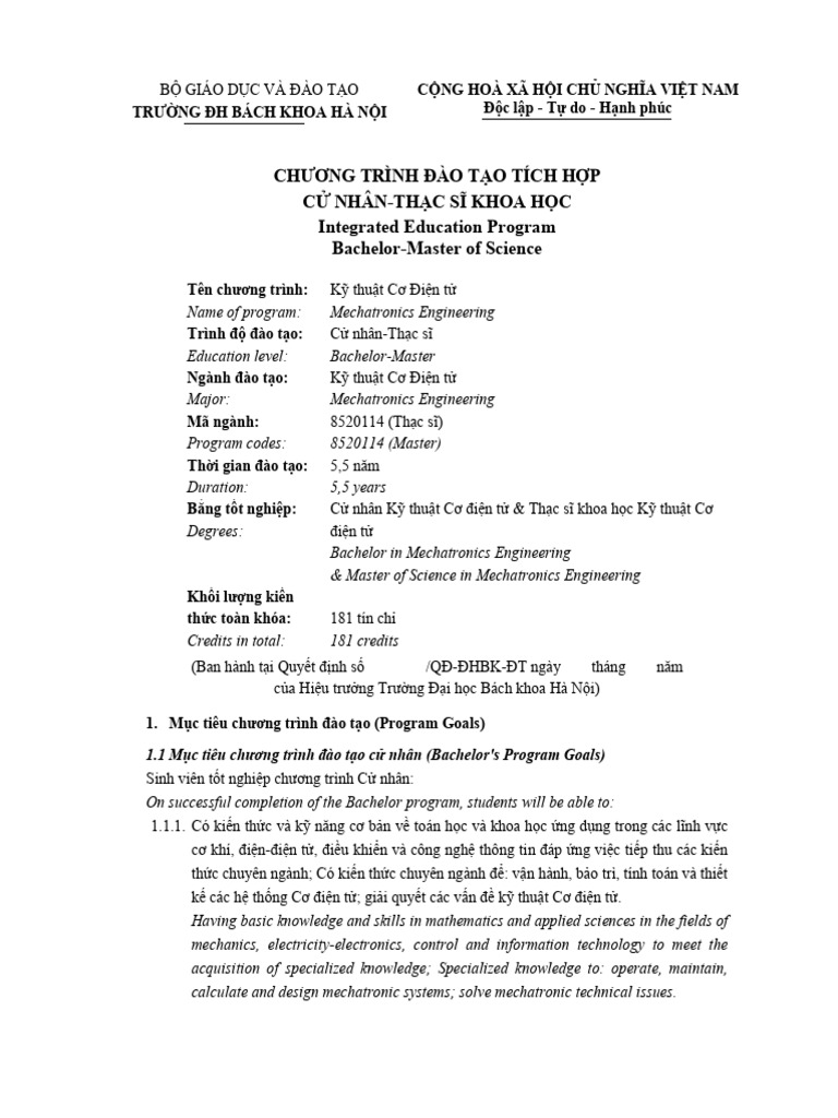 VCK2020 - Khung CTDT - CN - THS - Ky Thuat Co Dien Tu | PDF