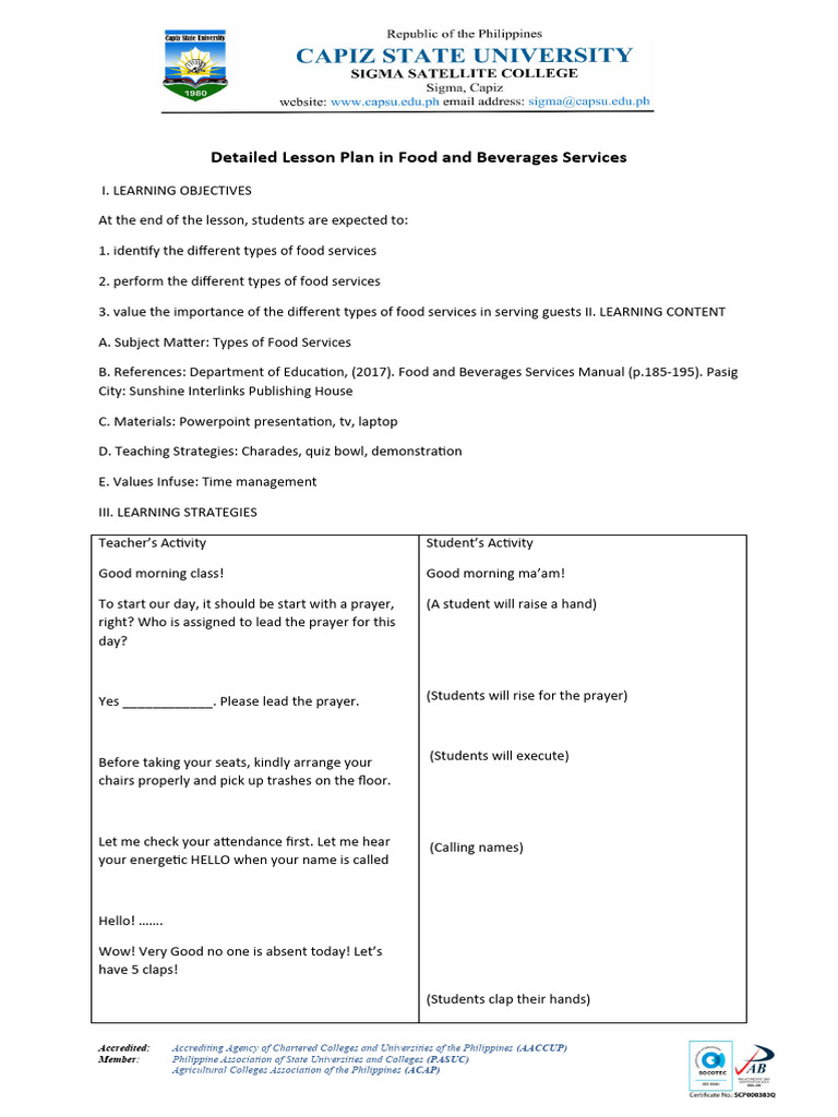 Detailed Lesson Plan in Food and Beverages Services Jenny | PDF | Waiting Staff | Tableware