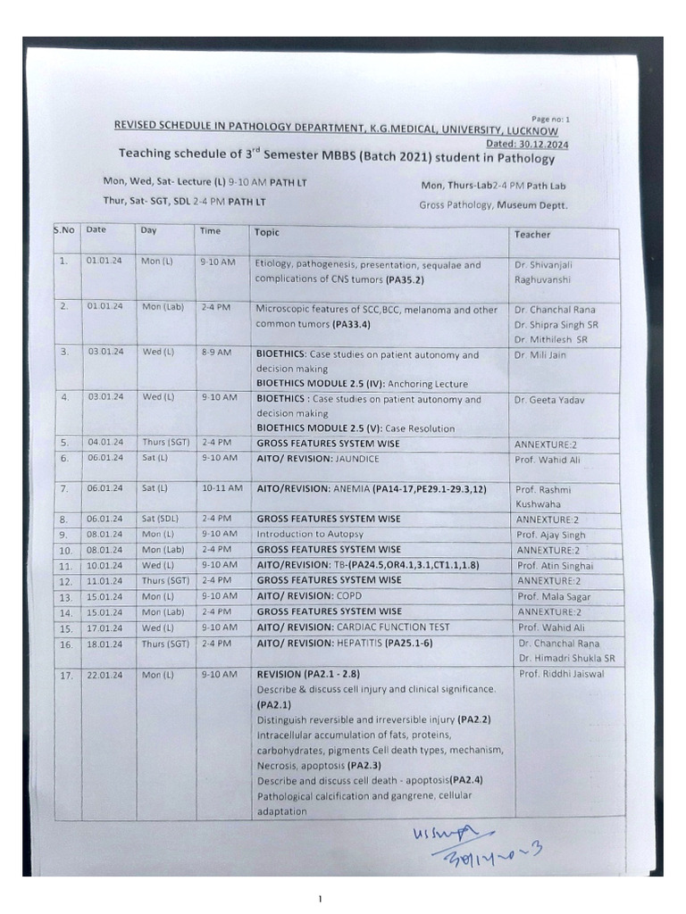 MBBS 2021 BATCH Revised Schedule Jan 2024 | PDF