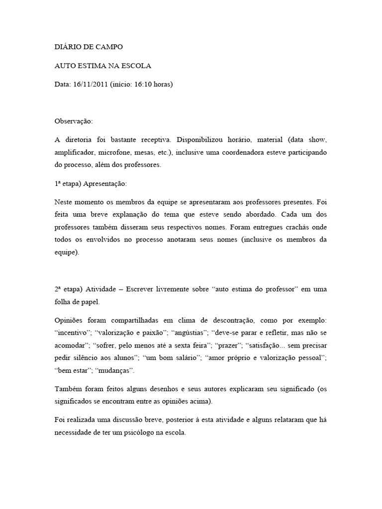 DIÁRIO DE CAMPO Intervenção Up 2 (Auto Estima Do Professor Numa Escola ...