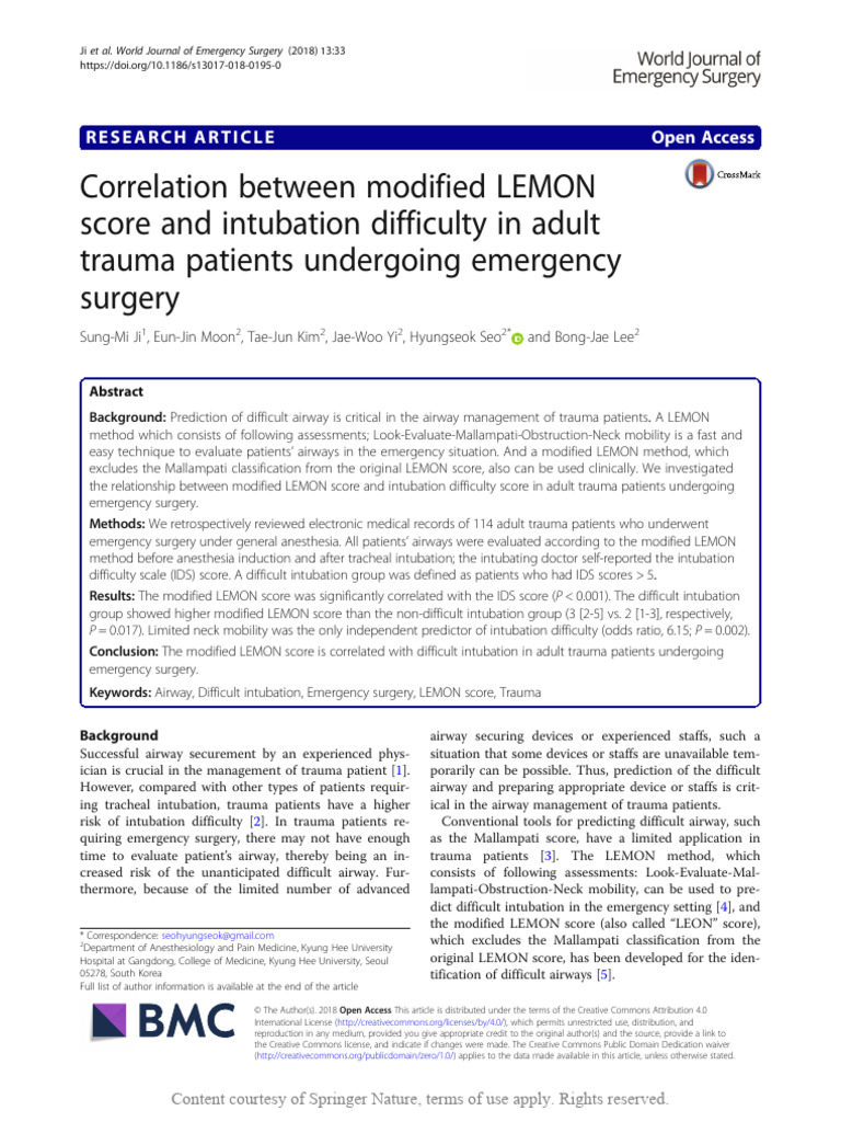 Correlation Between Modified LEMON Score and Intub | PDF | Medical ...